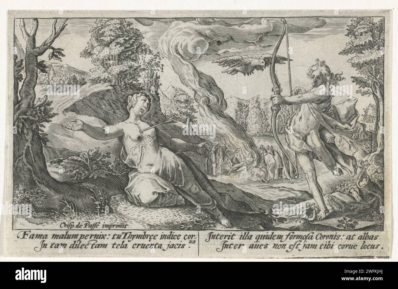 Apollo kills Coronis, Crispijn van de Passe (I), 1602 - 1607 print ...