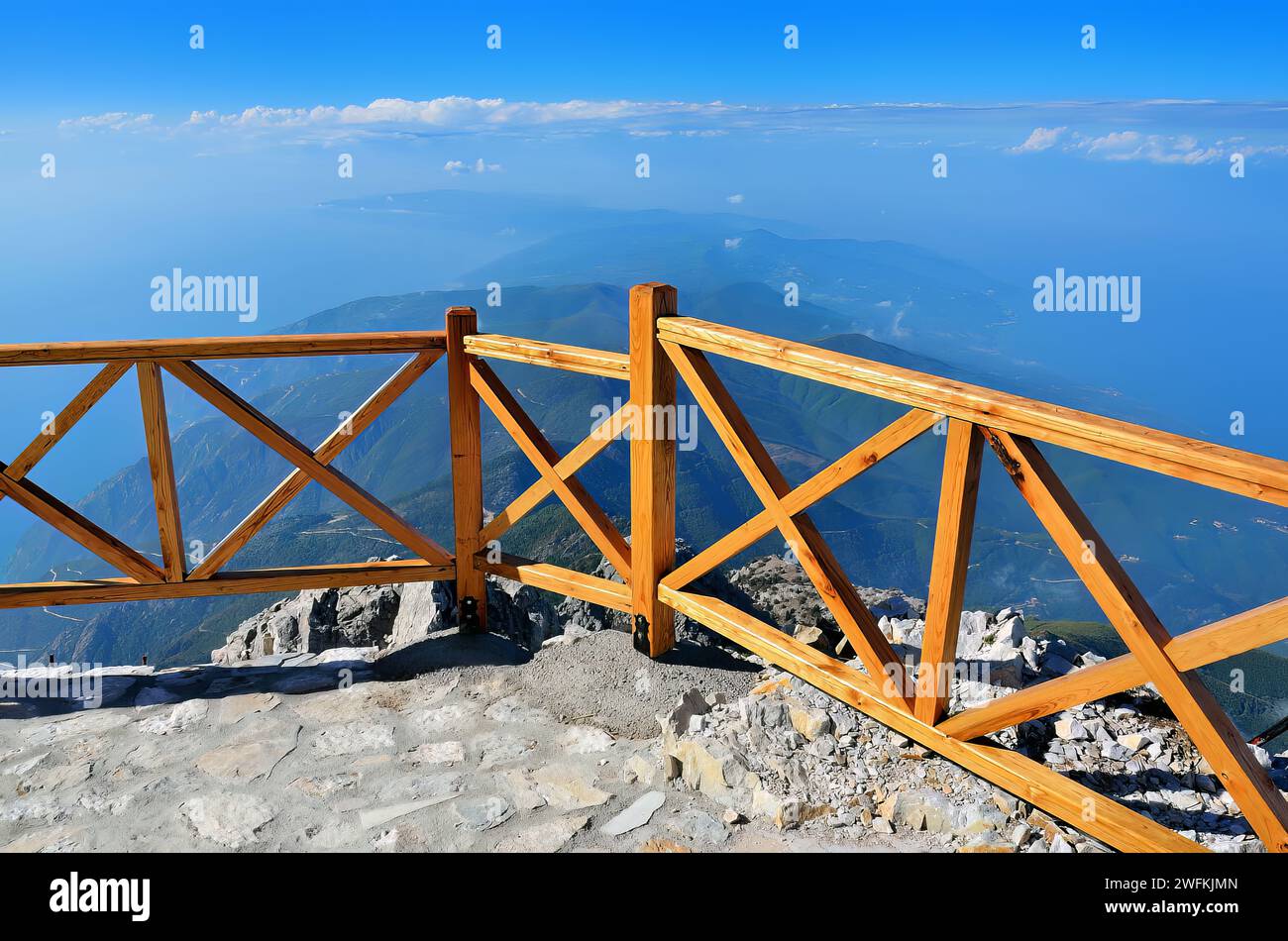 A scenic viewpoint showcasing Mount Athos in Greece with a wooden ...