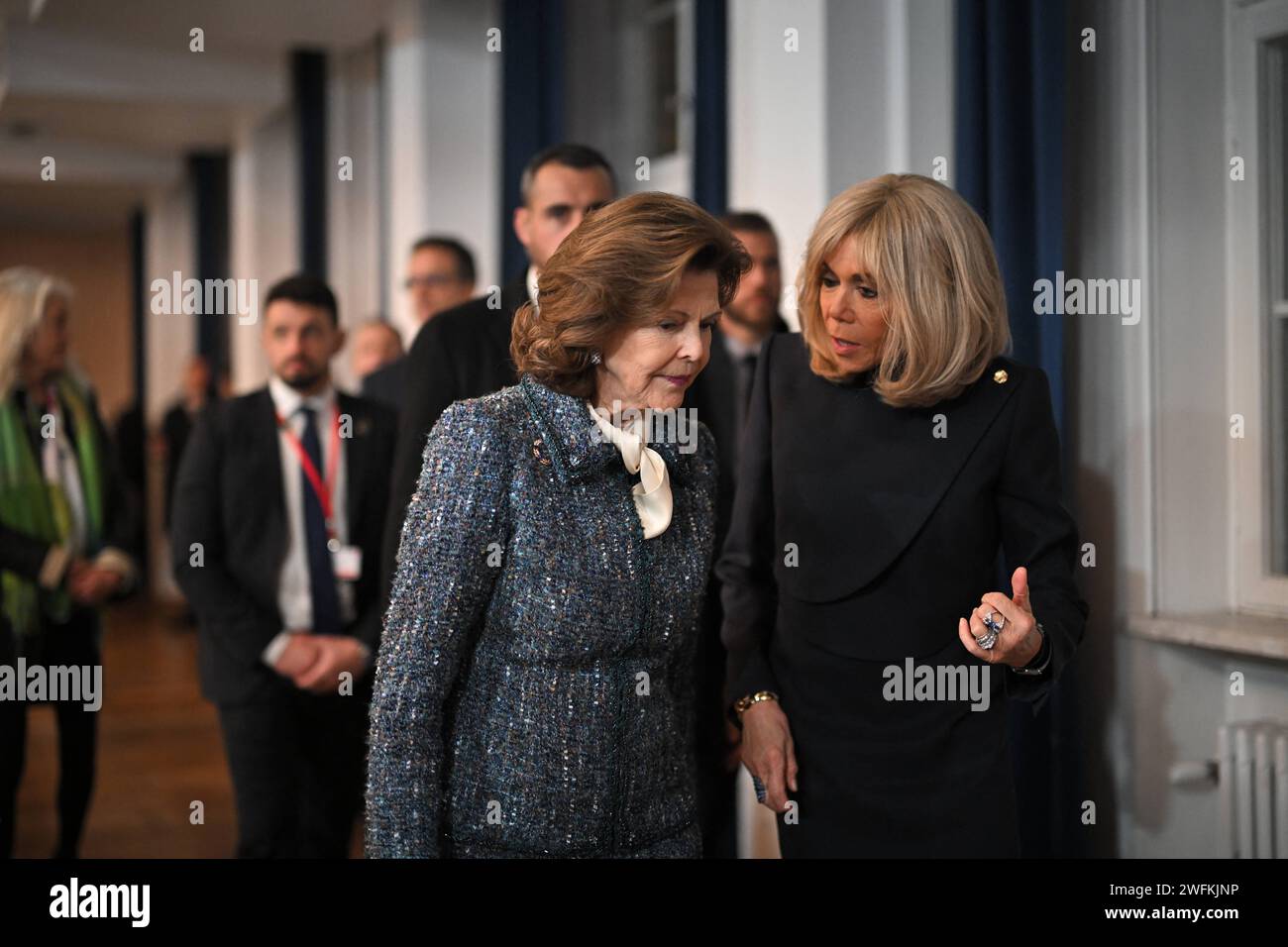 Queen Silvia and Brigitte Macron during a departure ceremony in Malmo ...