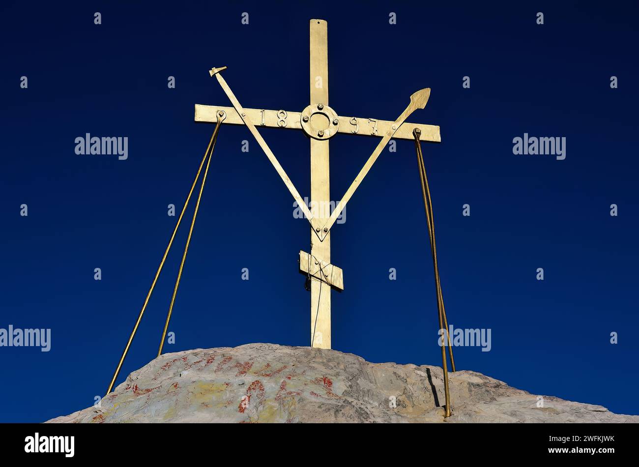 A Wooden cross atop Mount Athos, Greece against a blue sky Stock Photo ...