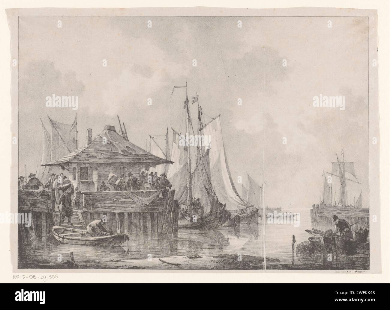 Bustle in a harbor, Johannes Christiaan Schotel, 1826 - 1833 print A ...