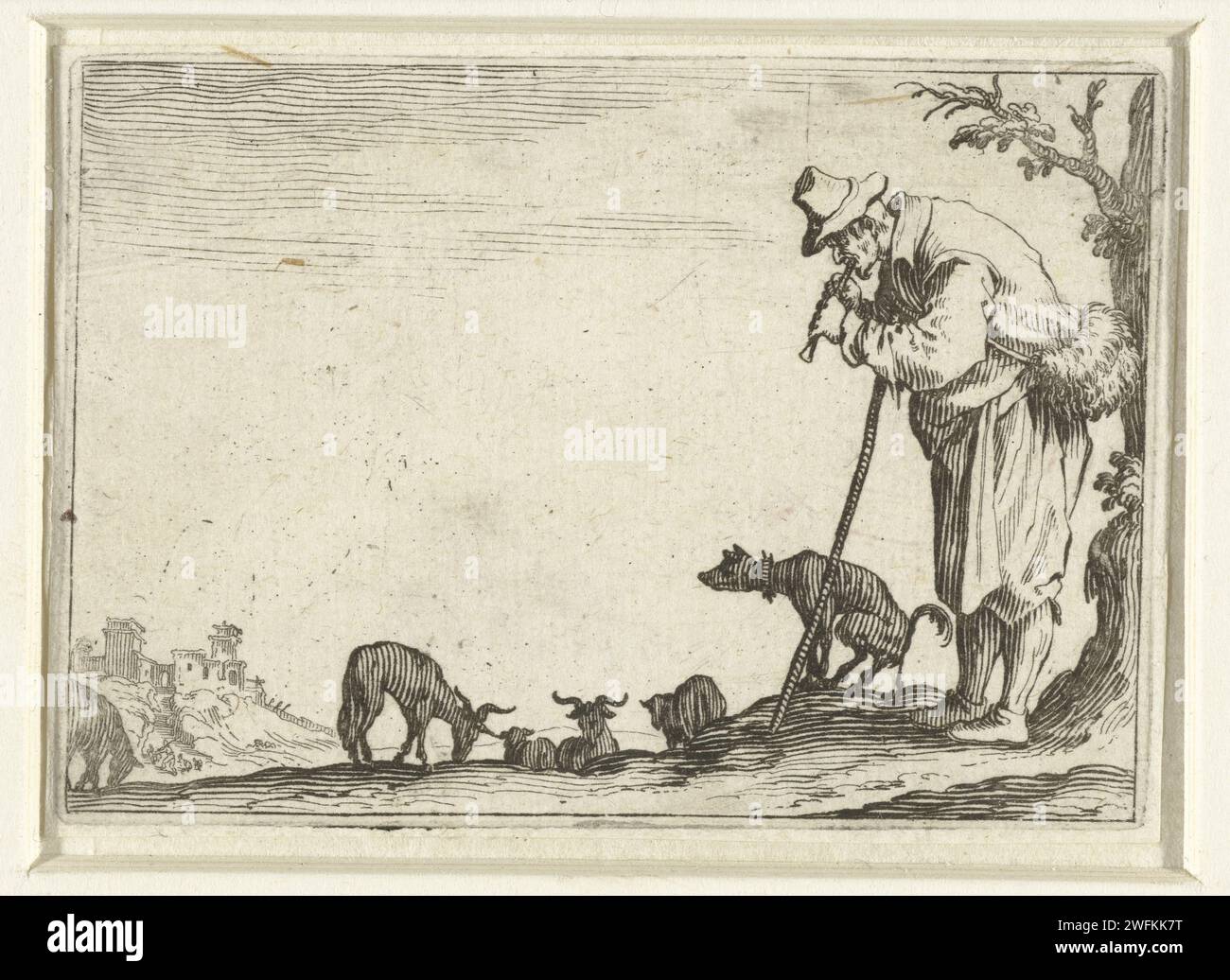 Playing man with bag, dog and goats, Jacques Callot, 1621 print On the ...
