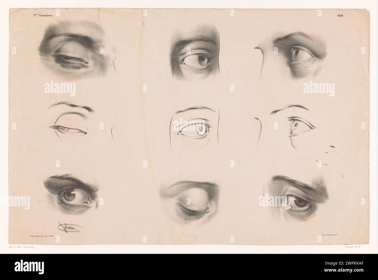Six studies of eyes in different drawing stages, Bernard Romain Julien ...