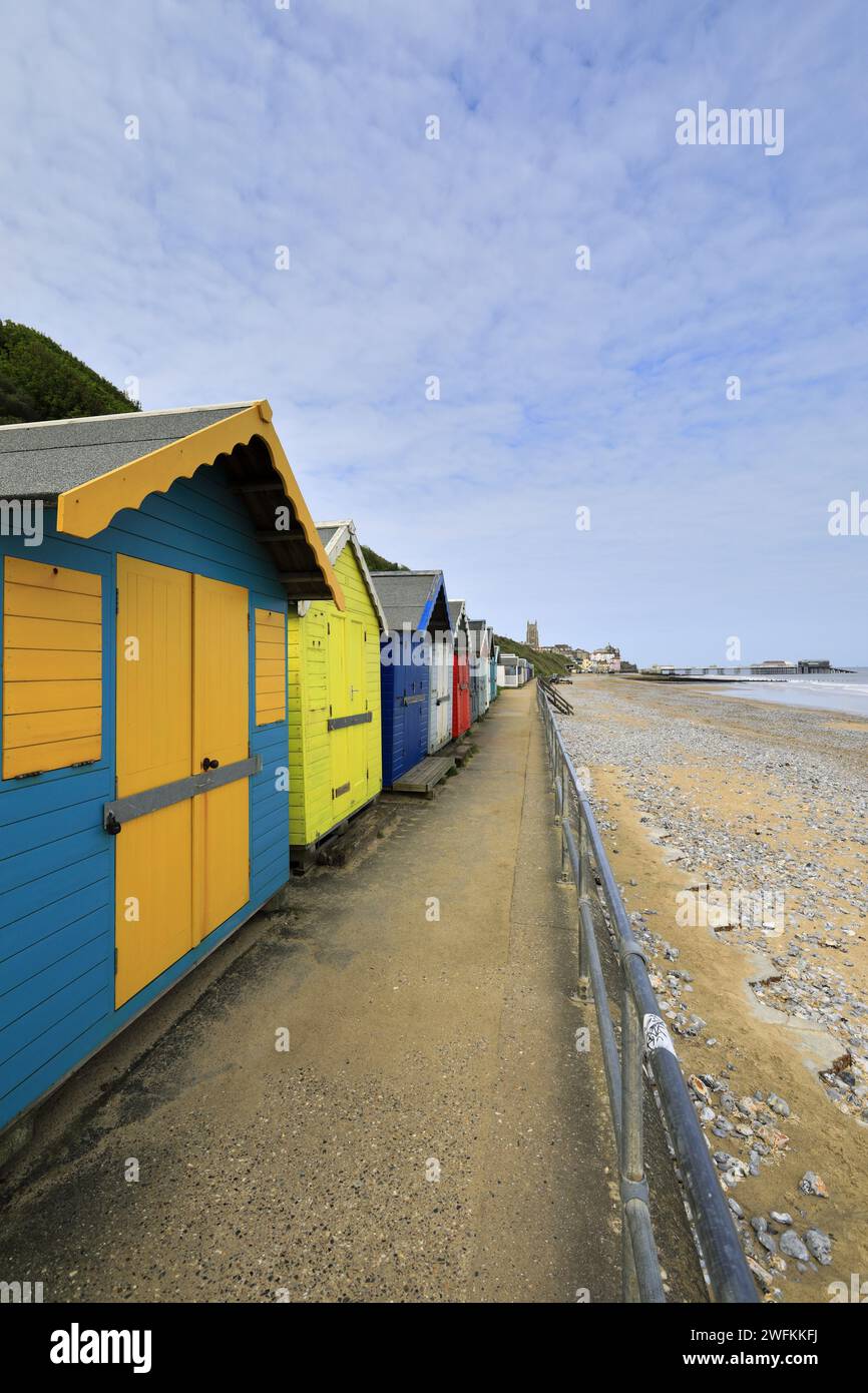 Beach huts and the beach at Cromer town, North Norfolk Coast, England ...