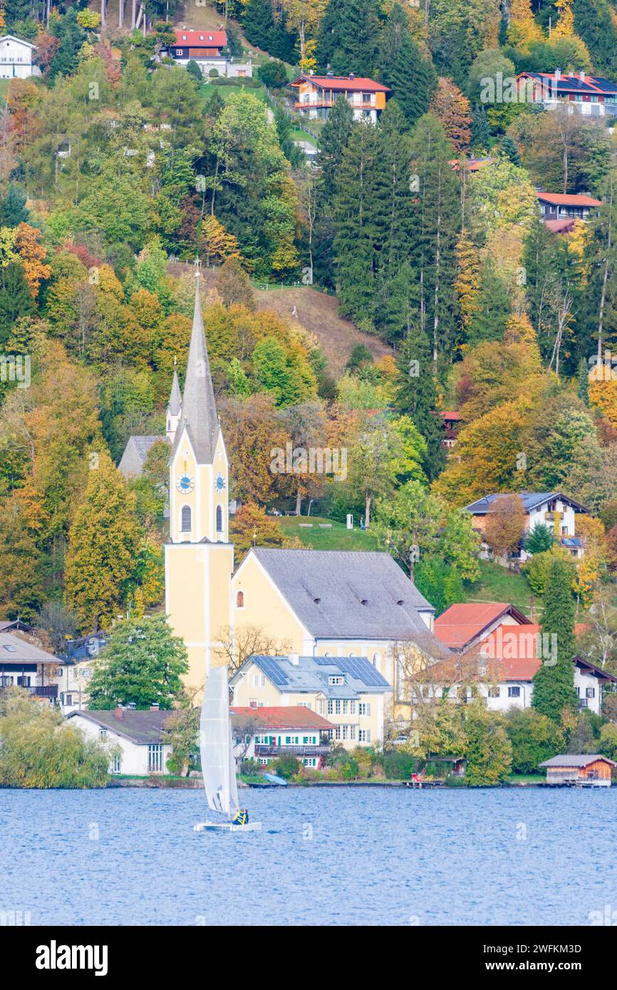 lake and church Schliersee, autumn colors, sailboat Stock Photo - Alamy