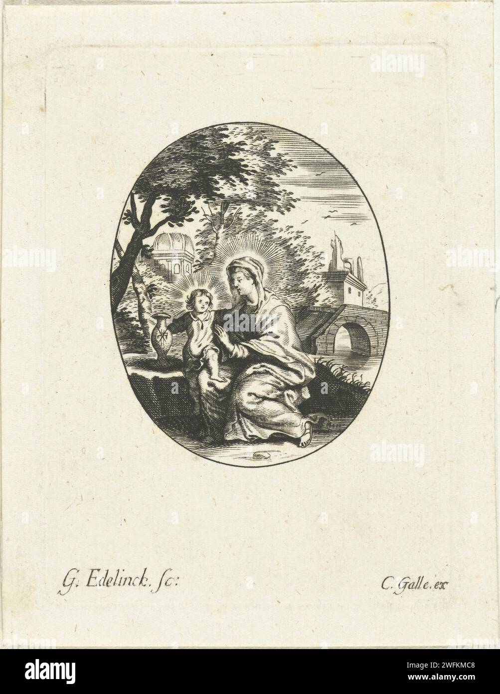 Maria with child in landscape, Gerard Edelinck, 1652 - 1666 print Mary ...