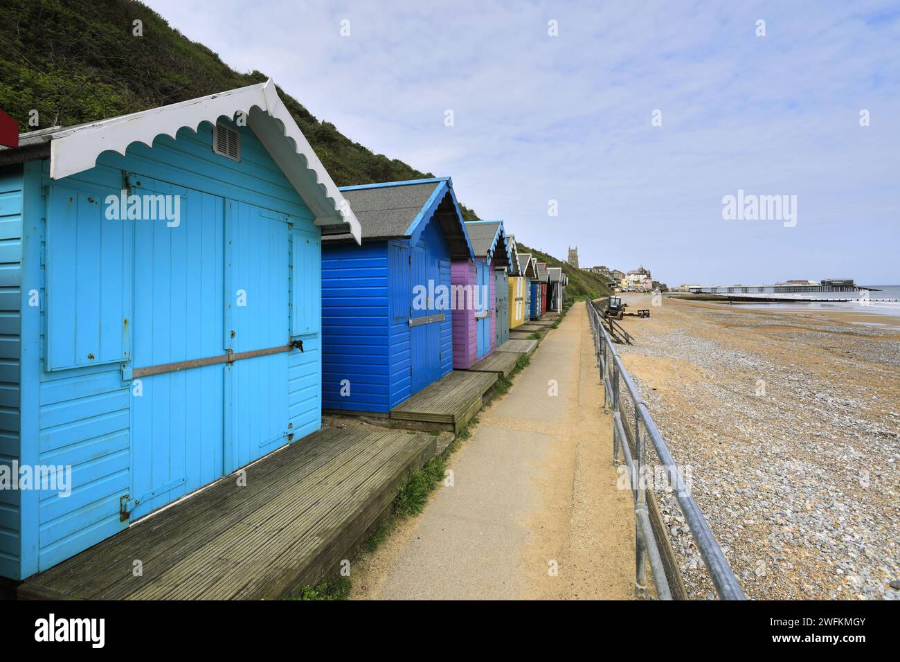 Beach huts and the beach at Cromer town, North Norfolk Coast, England ...