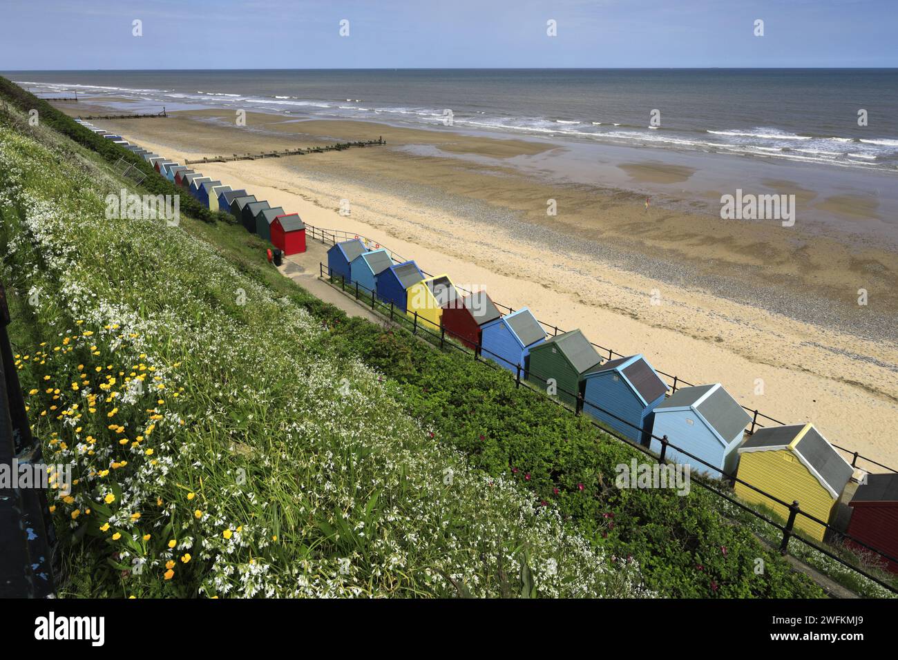 Beach huts and the beach at Mundesley village, North Norfolk, England ...