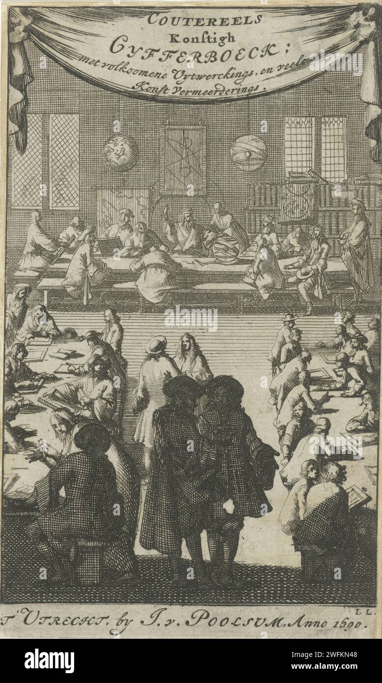 Room in which figures make calculations on tables, Jan Luyken, 1690 ...
