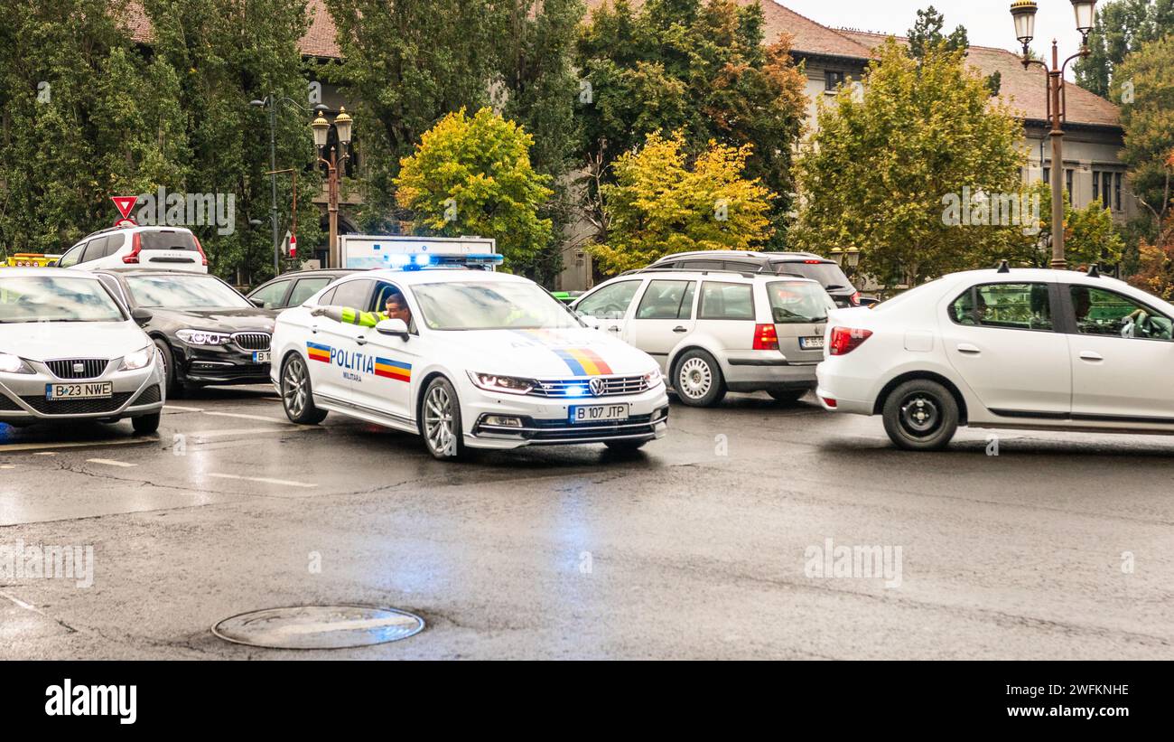 Romanian Police Car in traffic during rush hour in Bucharest Stock ...