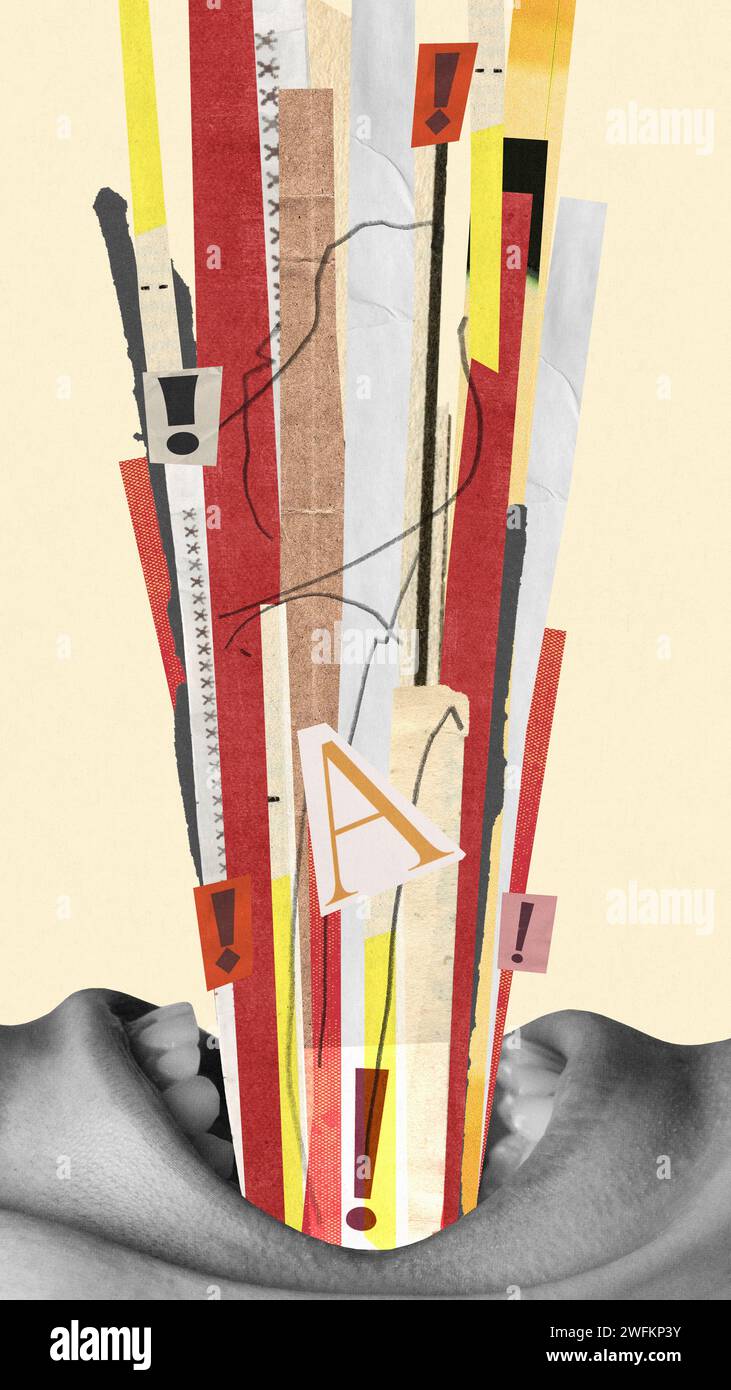 Human mouth shouting with abstract paper strips and exclamation marks ...