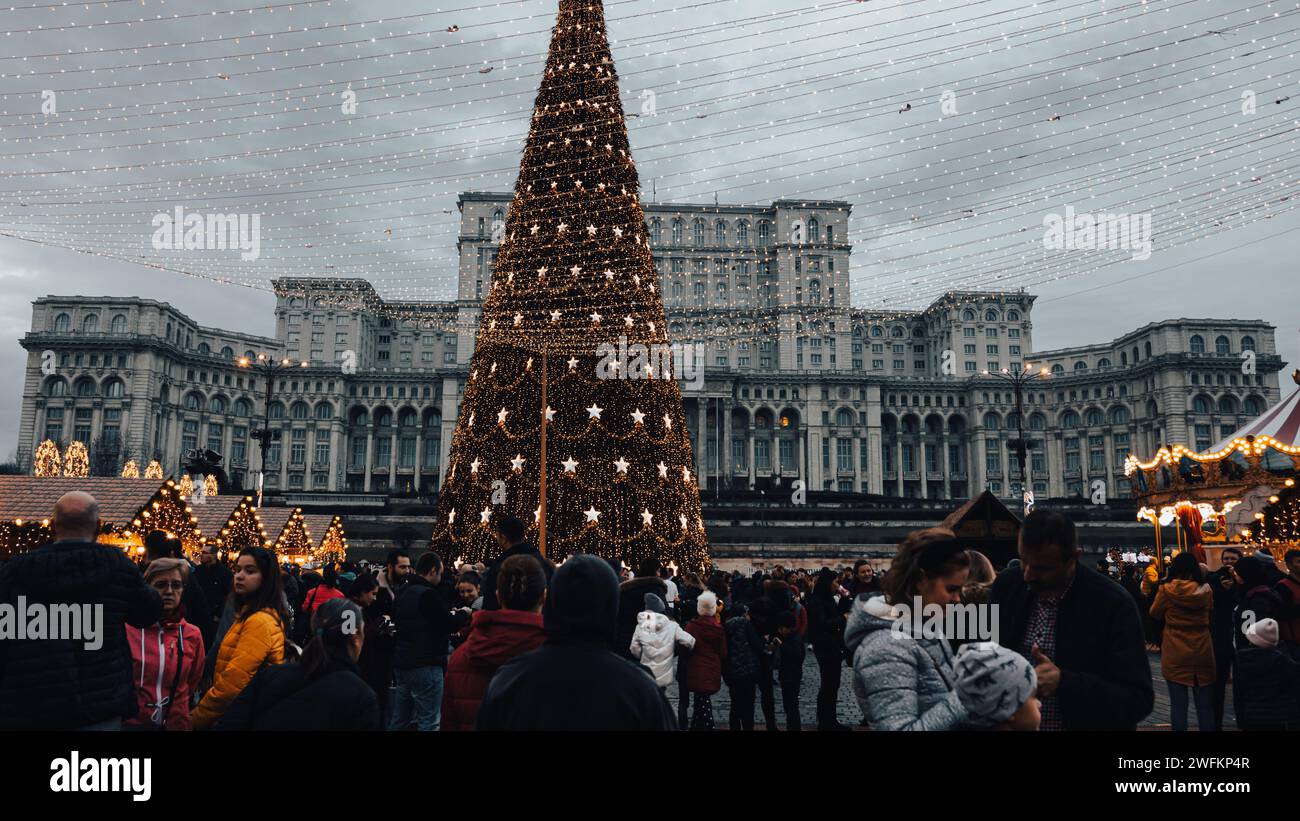 People at Bucharest Christmas Market during winter holiday Stock Photo ...
