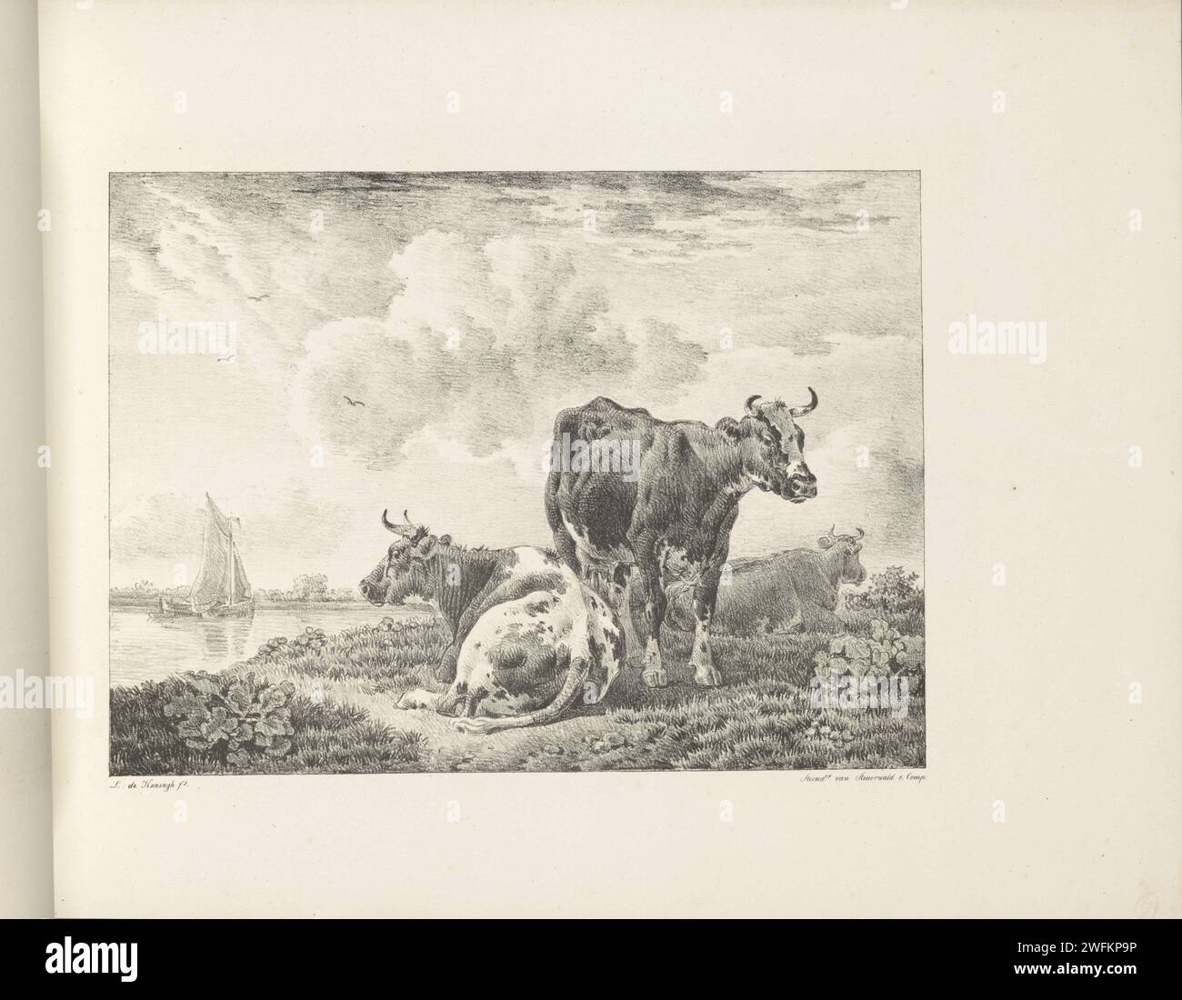 Landscape with three cows and a sailboat, Leendert de Koningh, 1826 ...