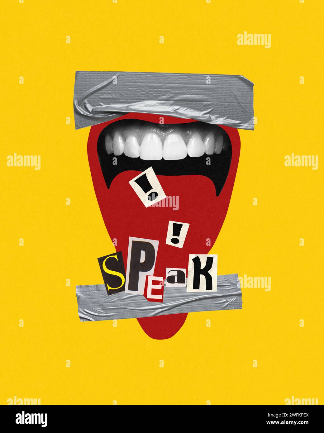 Taped female open mouth with shouting word SPEAK against yellow ...