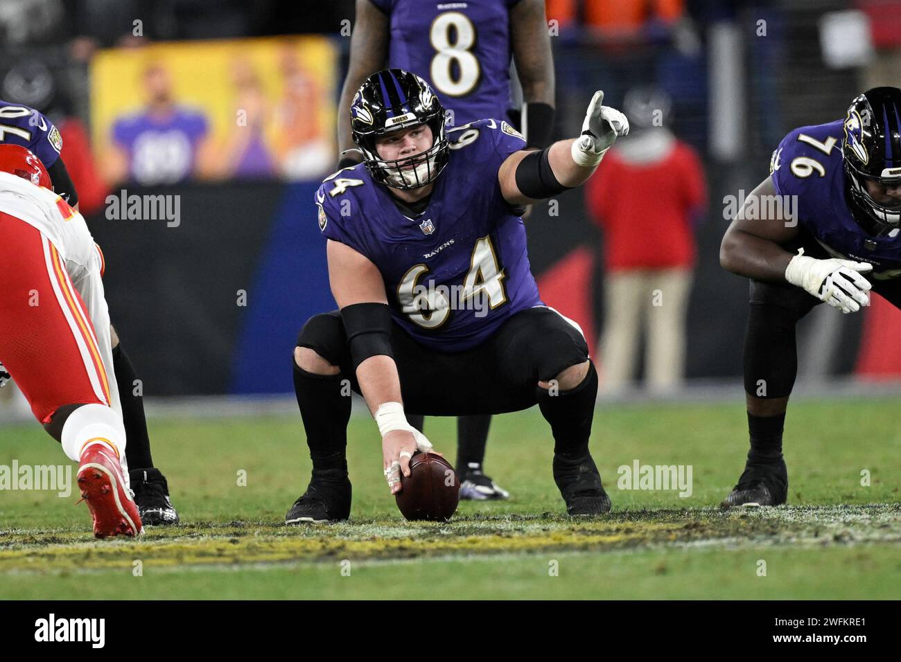 Baltimore Ravens center Tyler Linderbaum (64) gestures during the ...