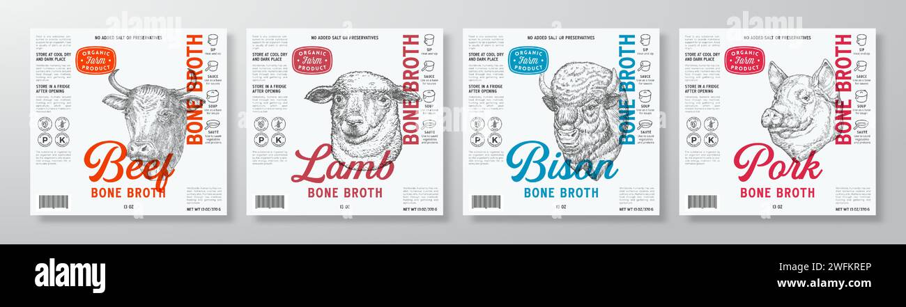 Bone Broth Label Templates Set. Abstract Vector Food Packaging Design ...