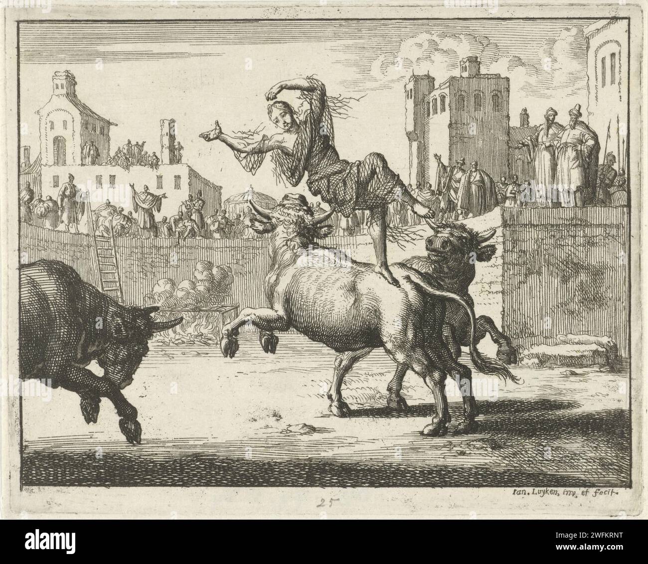 Bandina killed by a bull, Jan Luyken, 1685 print Amsterdam paper etching female saints (with ...