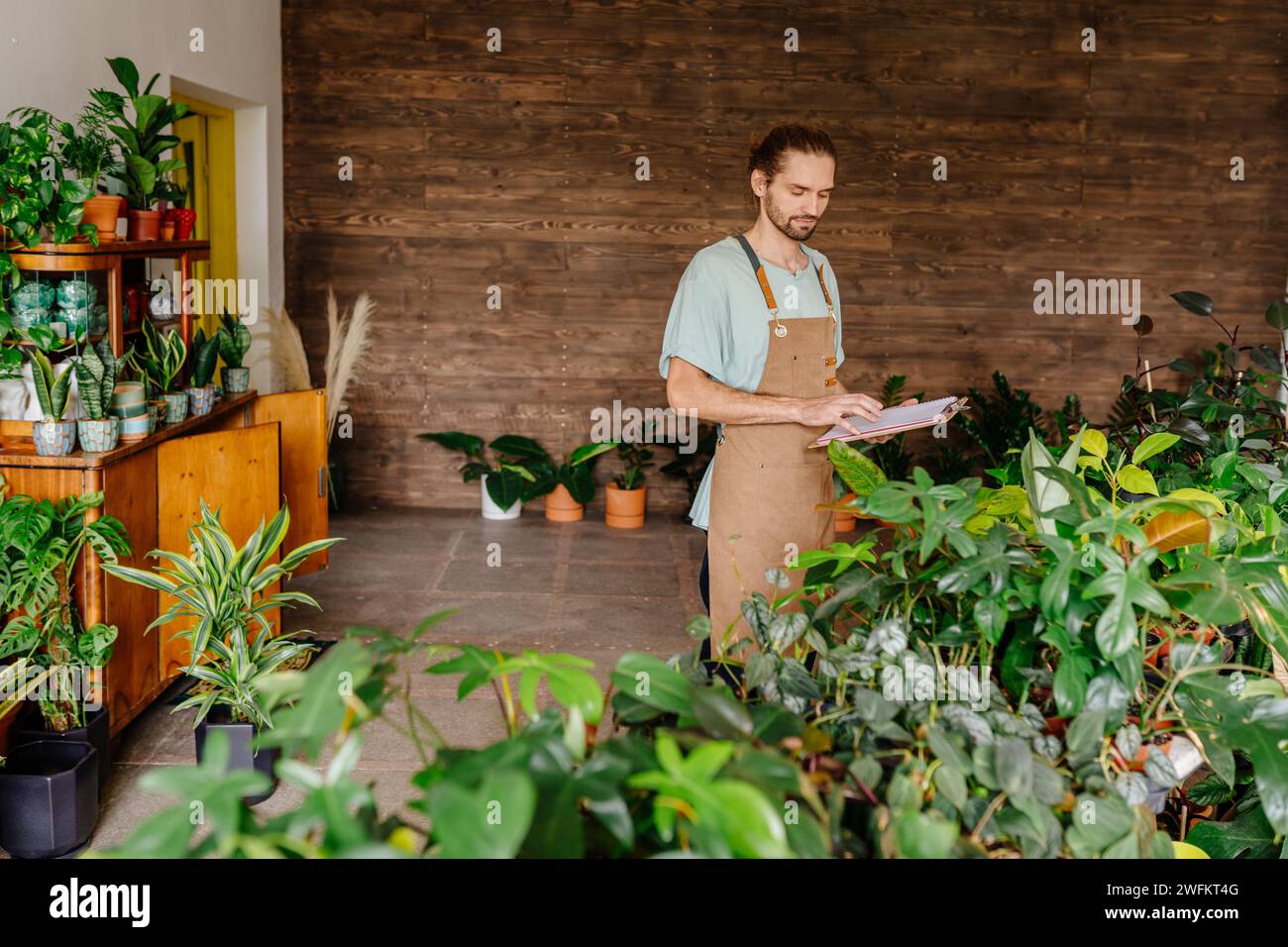 Portrait of successful African male florist replanting flowers in ...