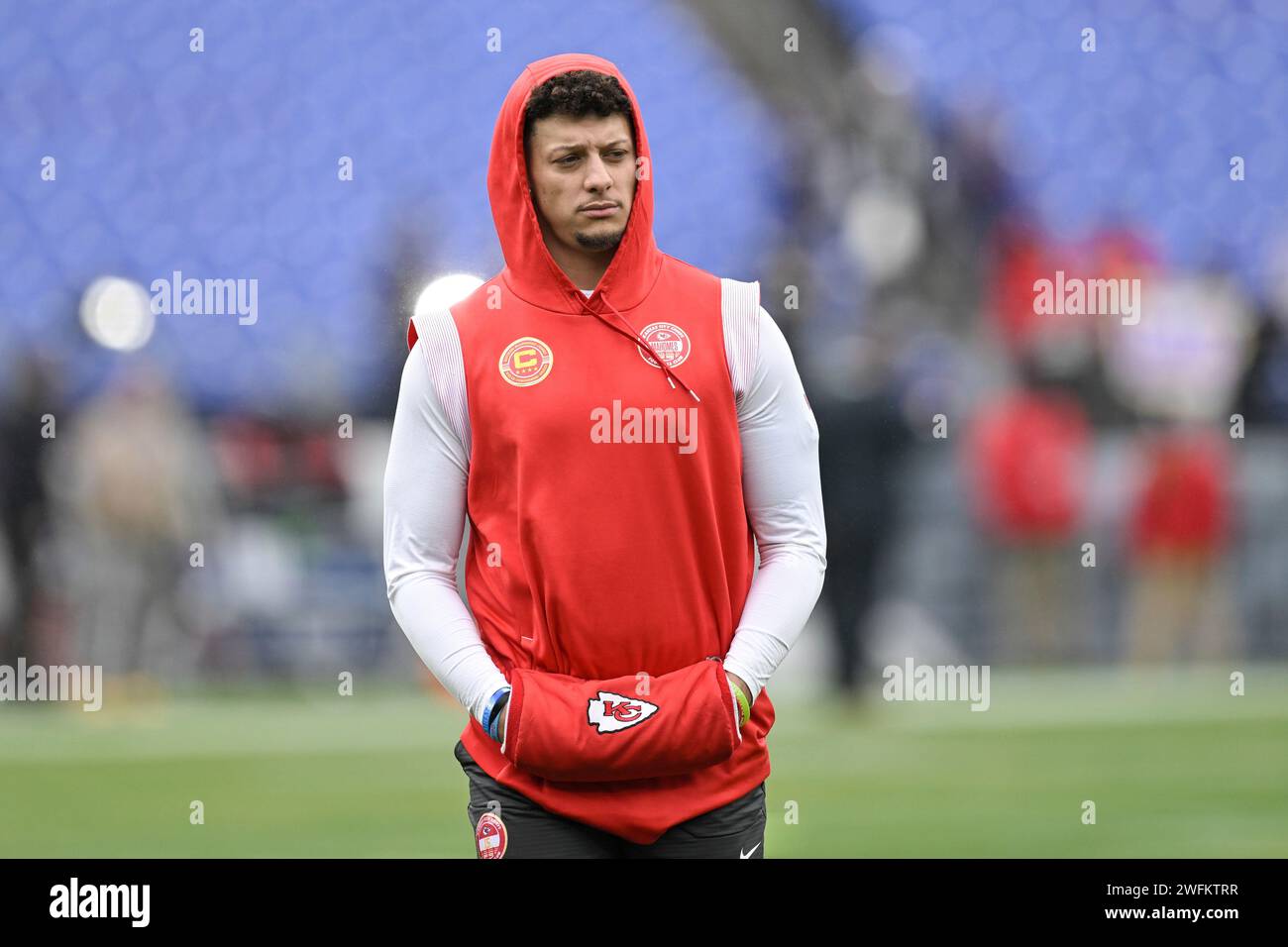 Kansas City Chiefs quarterback Patrick Mahomes looks on during pre-game ...