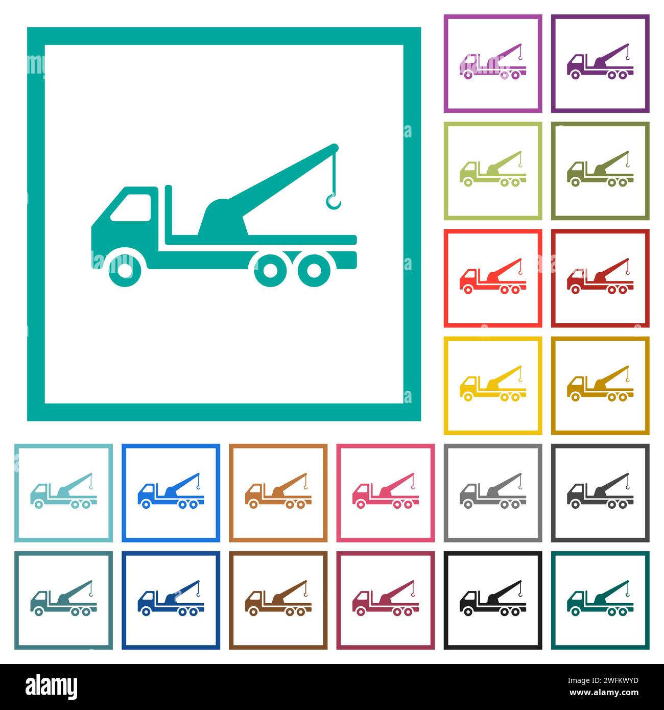 Crane truck side view flat color icons with quadrant frames on white ...