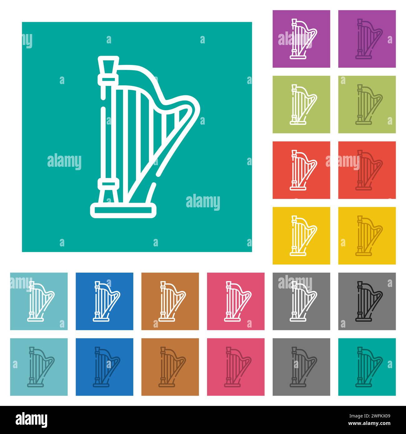 Harp outline multi colored flat icons on plain square backgrounds ...