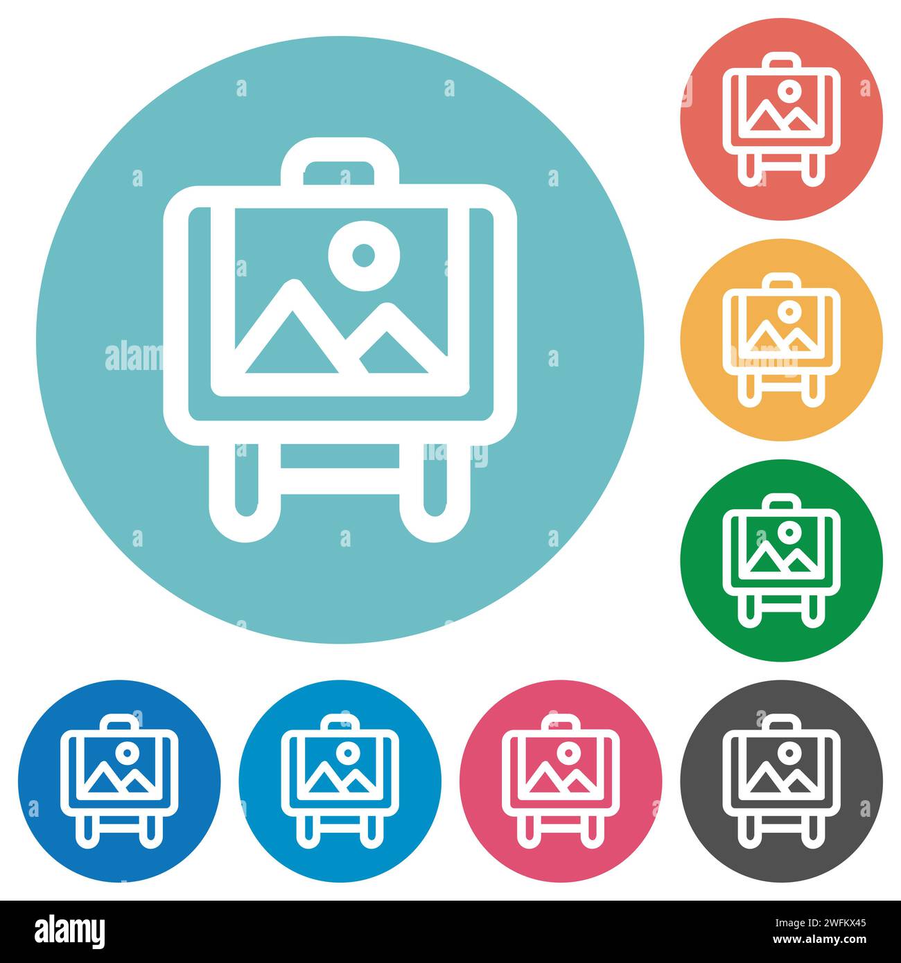 Painting art board outline flat white icons on round color backgrounds ...