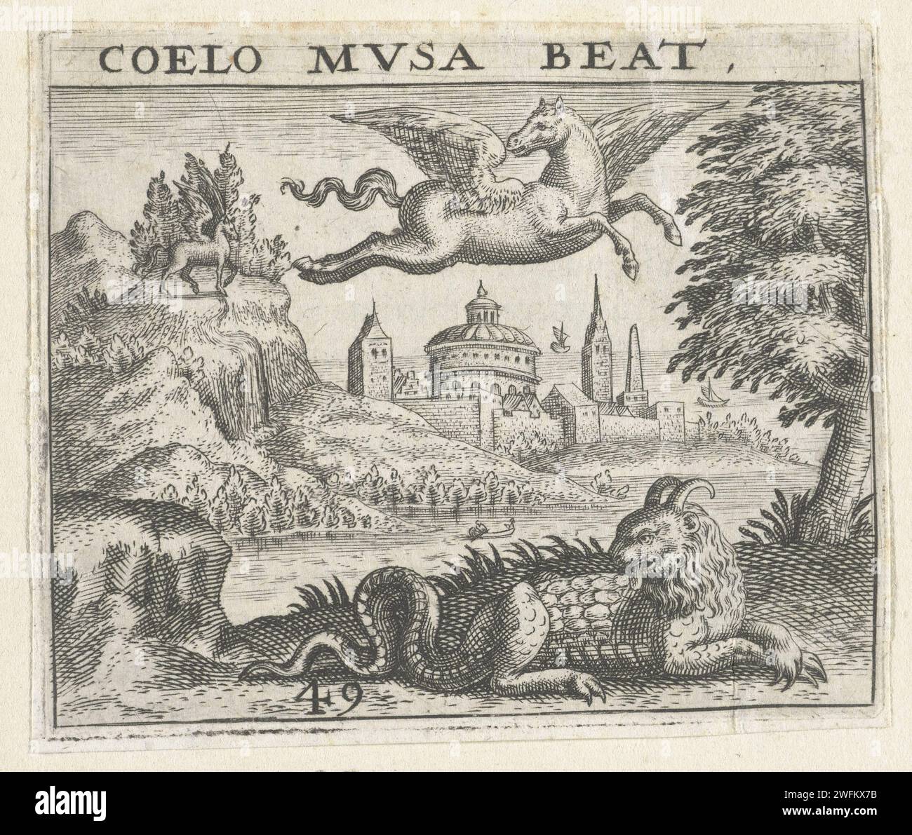 Flying winged horse and sea monster, 1596 print A sea monster is on the ...