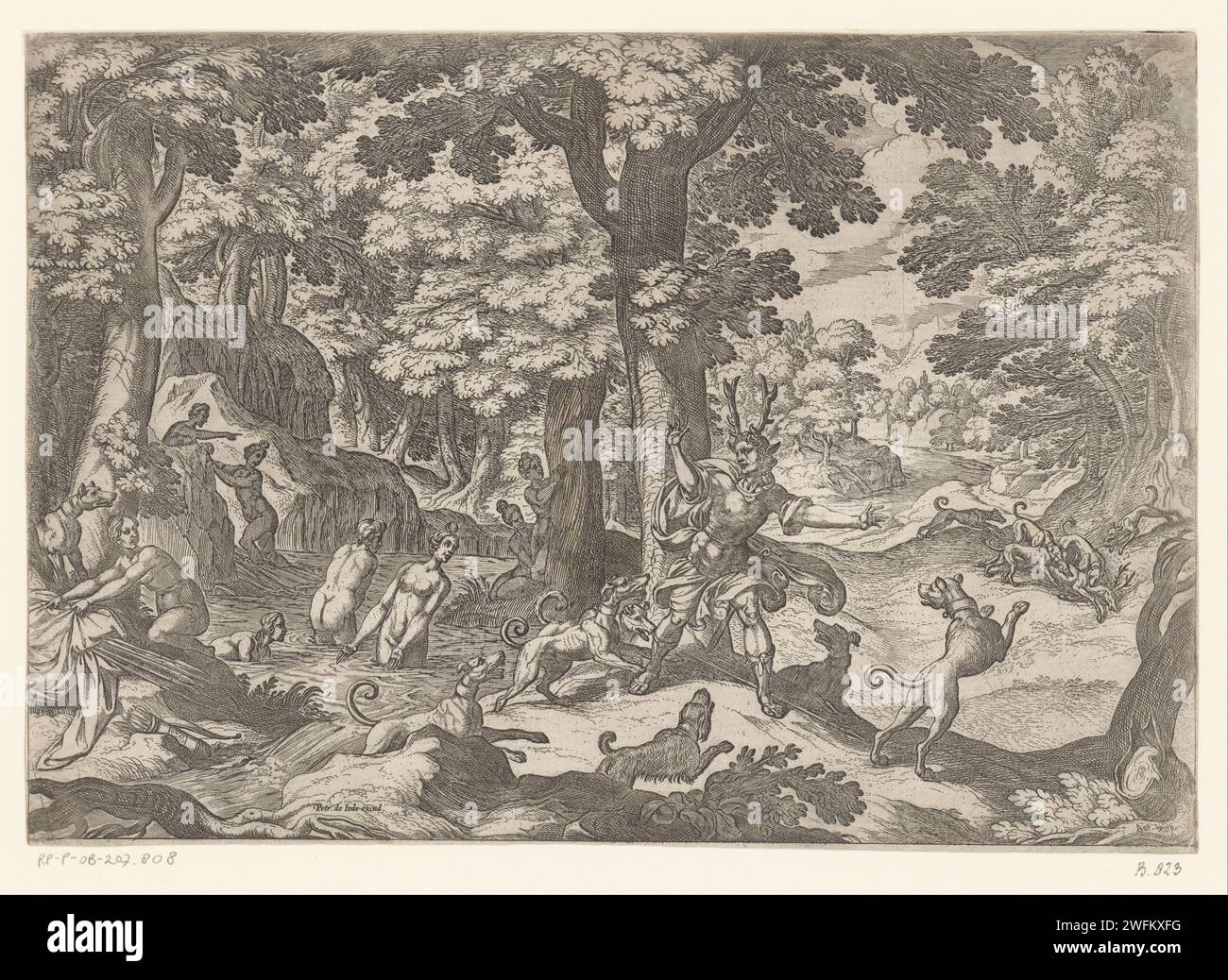 Actaeon turned into a deer, 1565 - 1630 print Forest landscape with ...