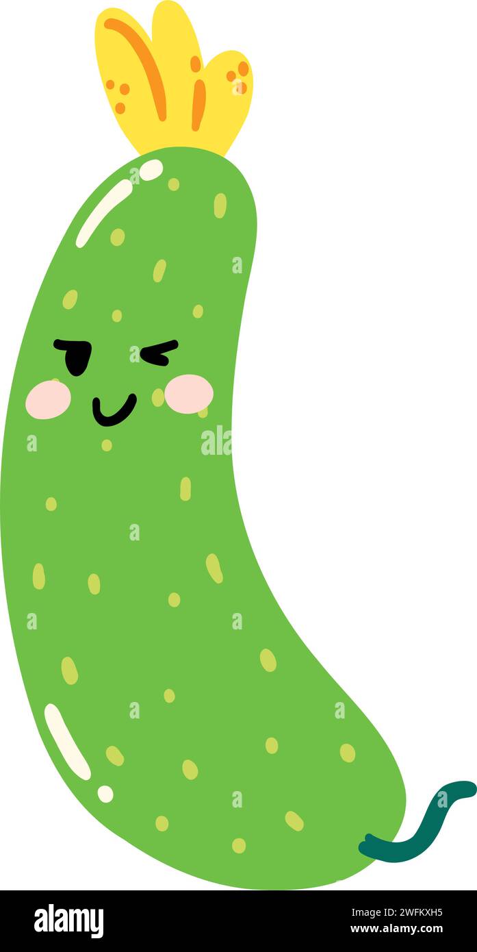 Cute hand drawn cucumber smiling. Kawaii funny vegetable character for ...