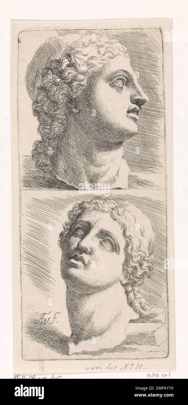 Two heads of Niobe, Augustinus Terwest (I), 1672 - 1711 print Above and ...