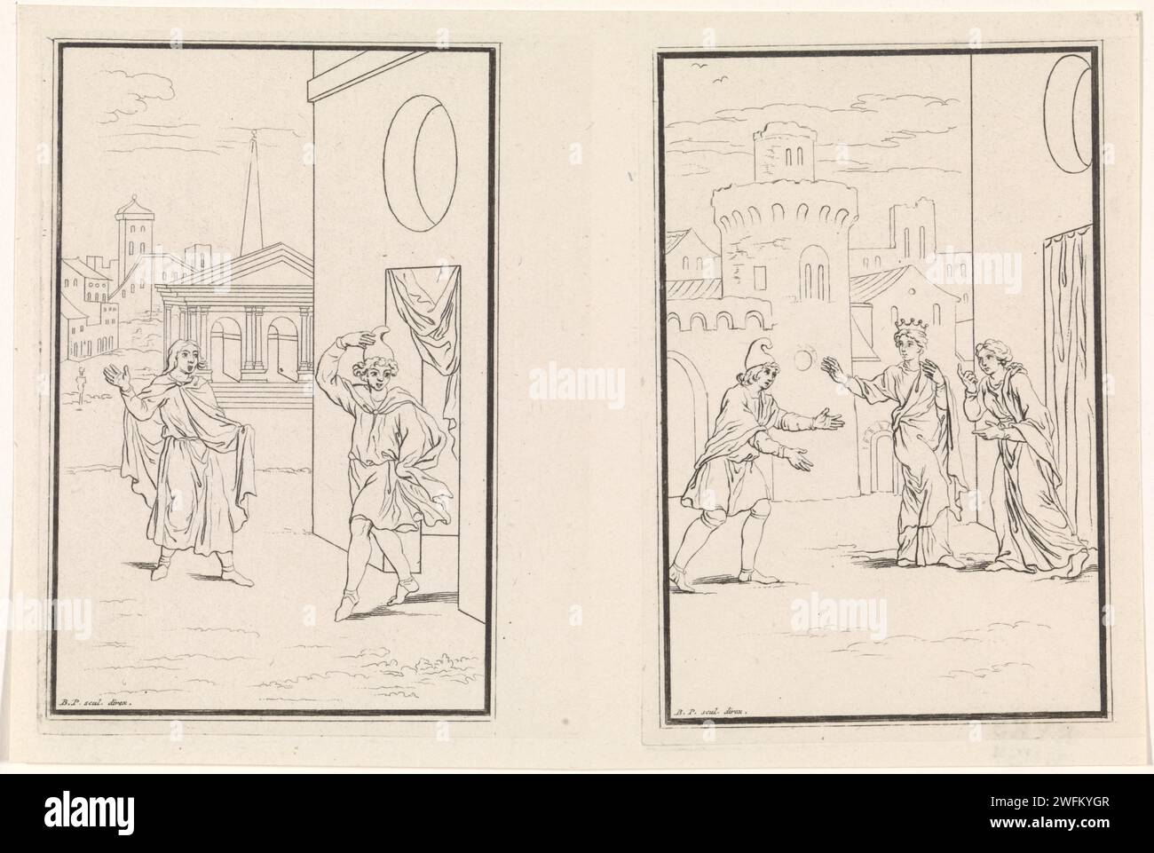 Twee scene shipped from Komedie eunuchus van Terence, Bernard Picart ...