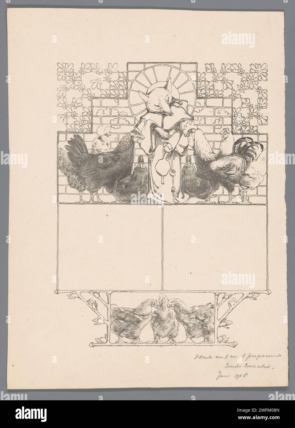 Vos in Monnikspij (Reinaert) surrounded by chickens and haan ...