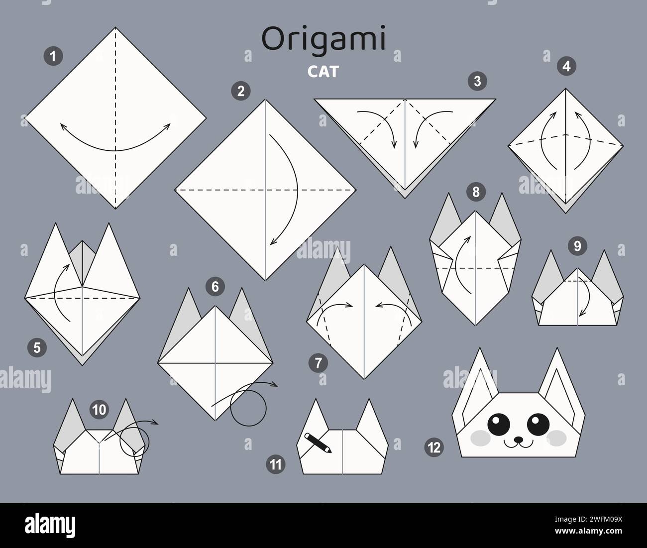 Origami tutorial for kids. Origami cute cat Stock Vector Image & Art ...