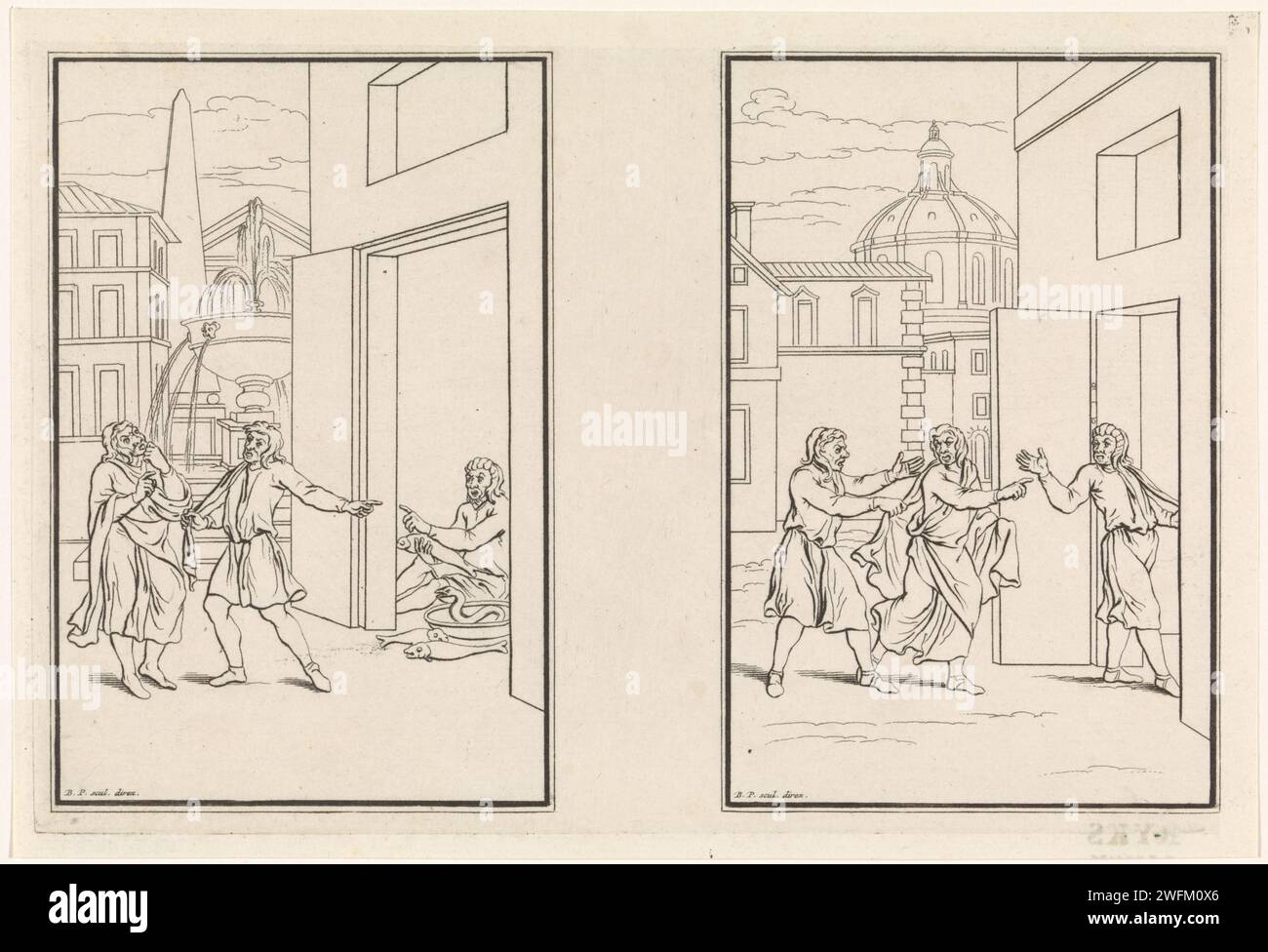 Two scenes from the comedy Adelphoe van Terentius, Bernard Picart ...