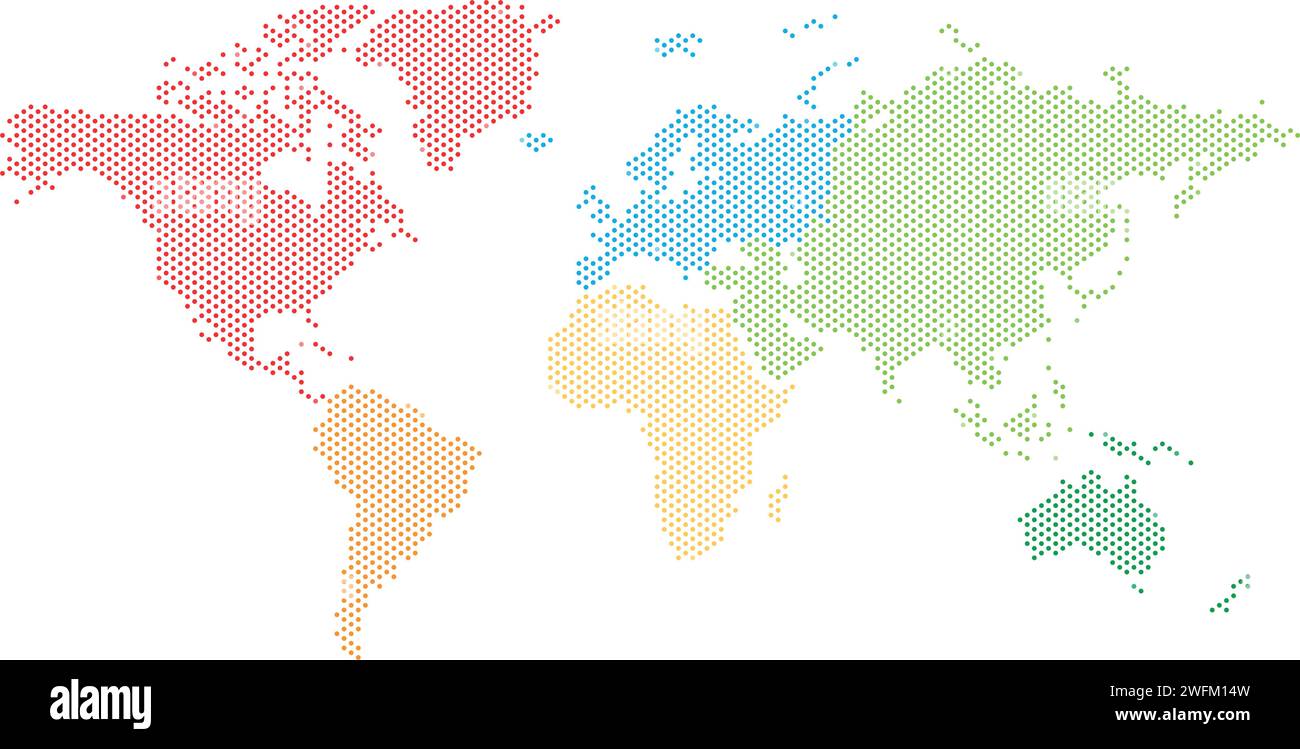 World map of squares with different color of each continent. Halftone ...