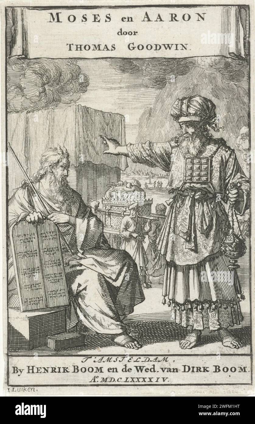 Mozes and Aaron, Jan Luyken, 1694 print Moses sitting on the dining of ...