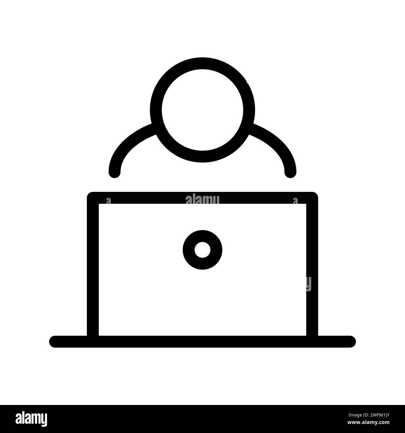 Vector black line icon man working at a computer isolated on white ...