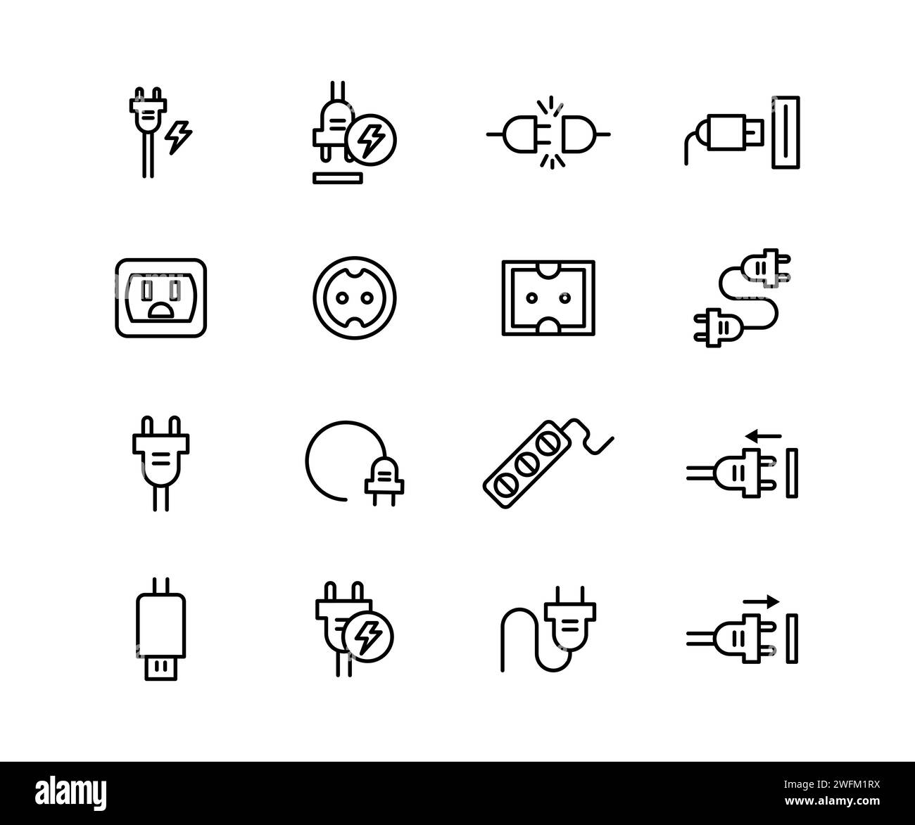 Vector black line icon set plug connection. Symbol cable technology ...
