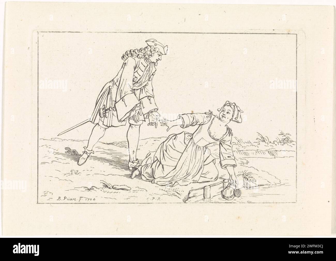 A man comes to the rescue a woman, Bernard Picart, 1704 print A woman ...