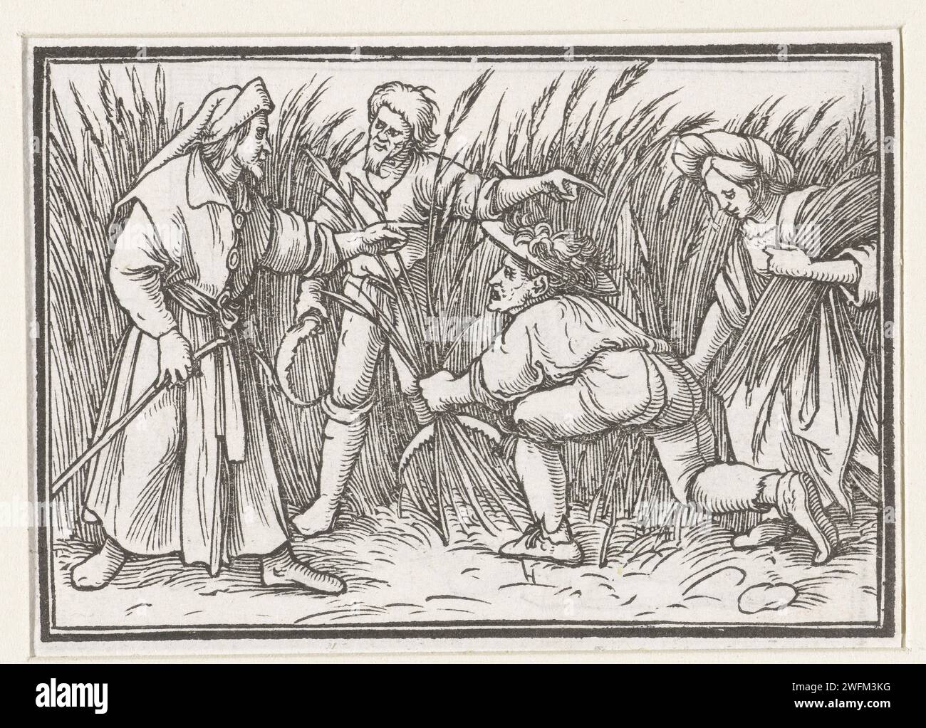 Boaz meets Ruth at the harvest of barley, Hans Holbein (II), 1538 print ...