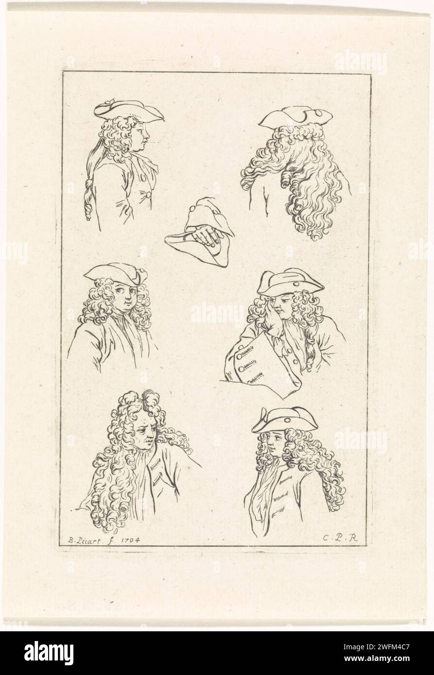 Postures of men's heads and ways to wear a hat, Bernard Picart, 1704 ...