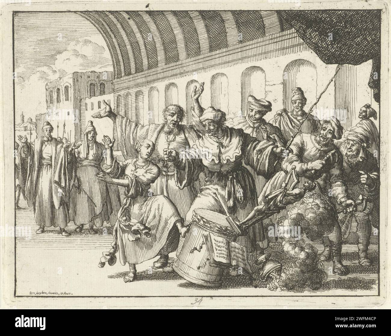 Eulalia van Mérida kicks a pagan altar, Jan Luyken, 1685 print ...