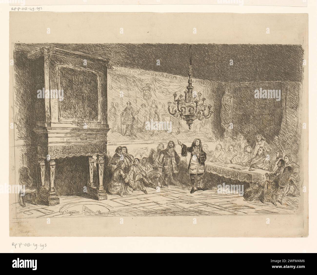 Large hall with a group of men in Bewaad, Guillaume Joseph Vertommen ...