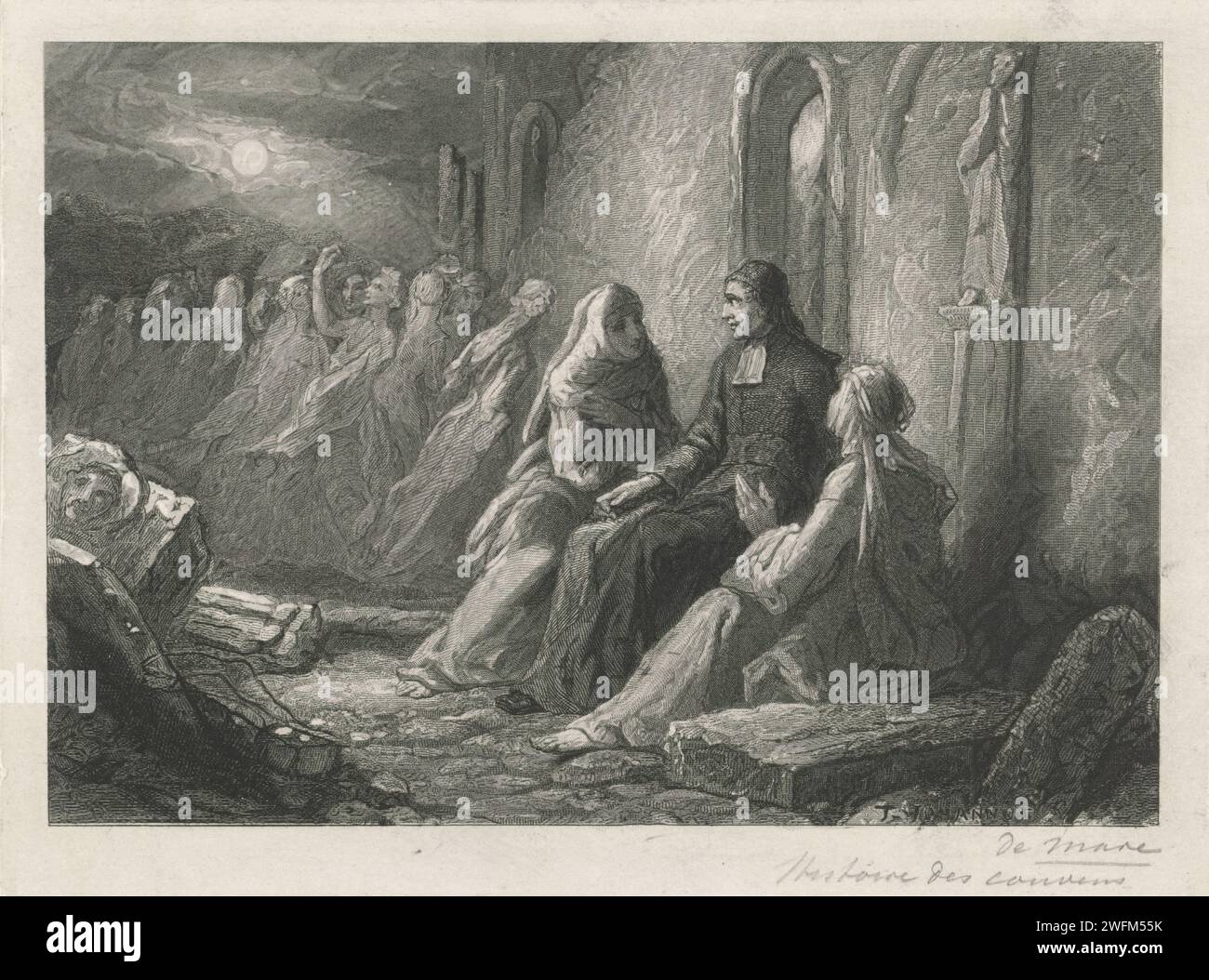 Priest between veiled women, Johannes de Mare, After Tony Johannot ...