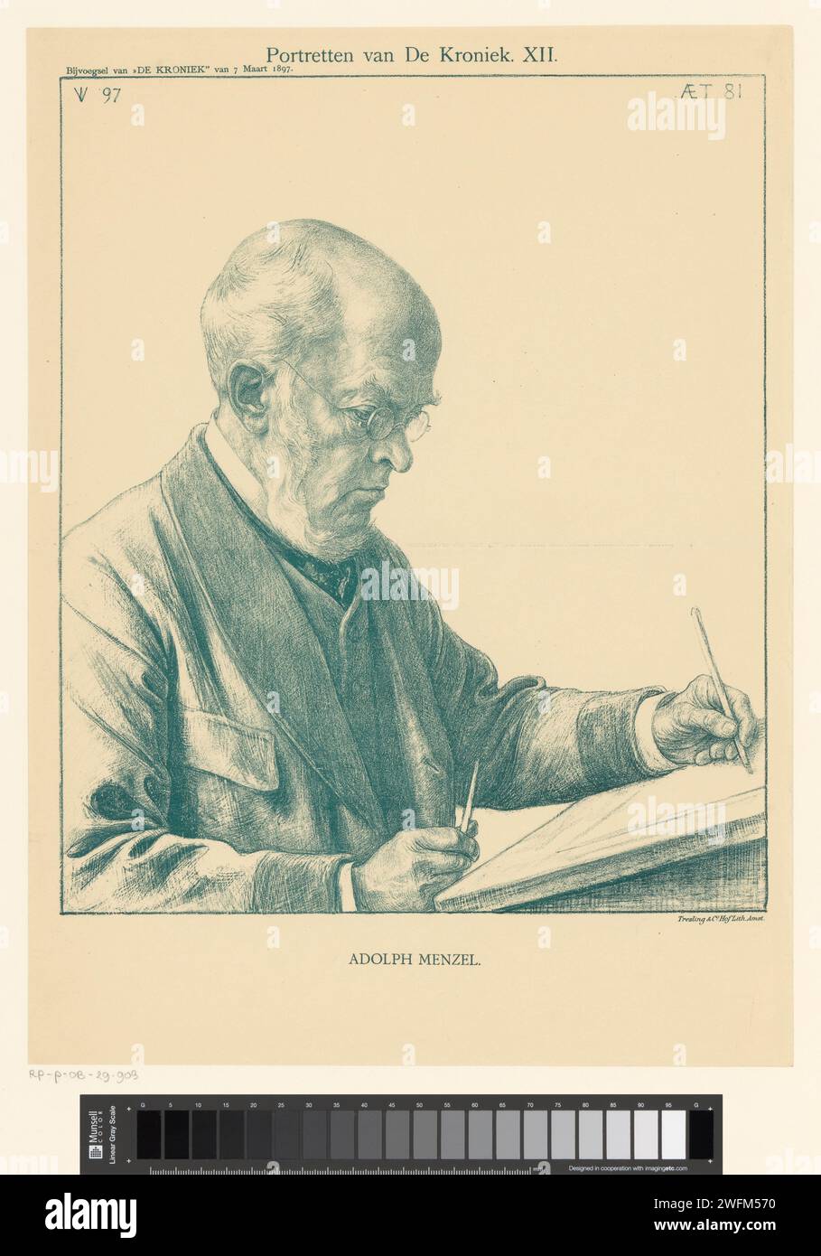 Portrait of Adolph Menzel, Jan Veth, 1897 print The portrayed person is ...