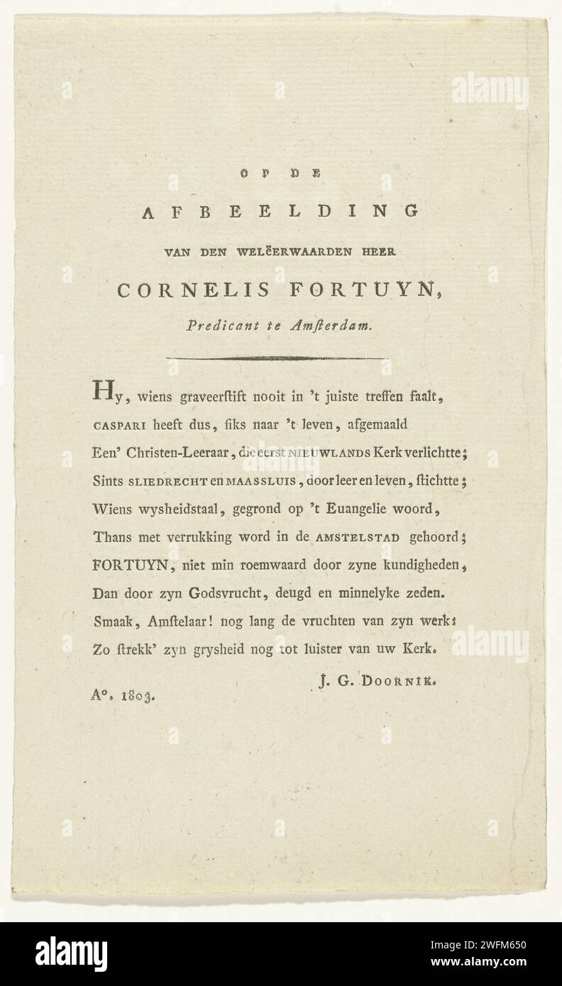 Text sheet at the portrait of Cornelis Fortuyn, 1803 text sheet Text ...