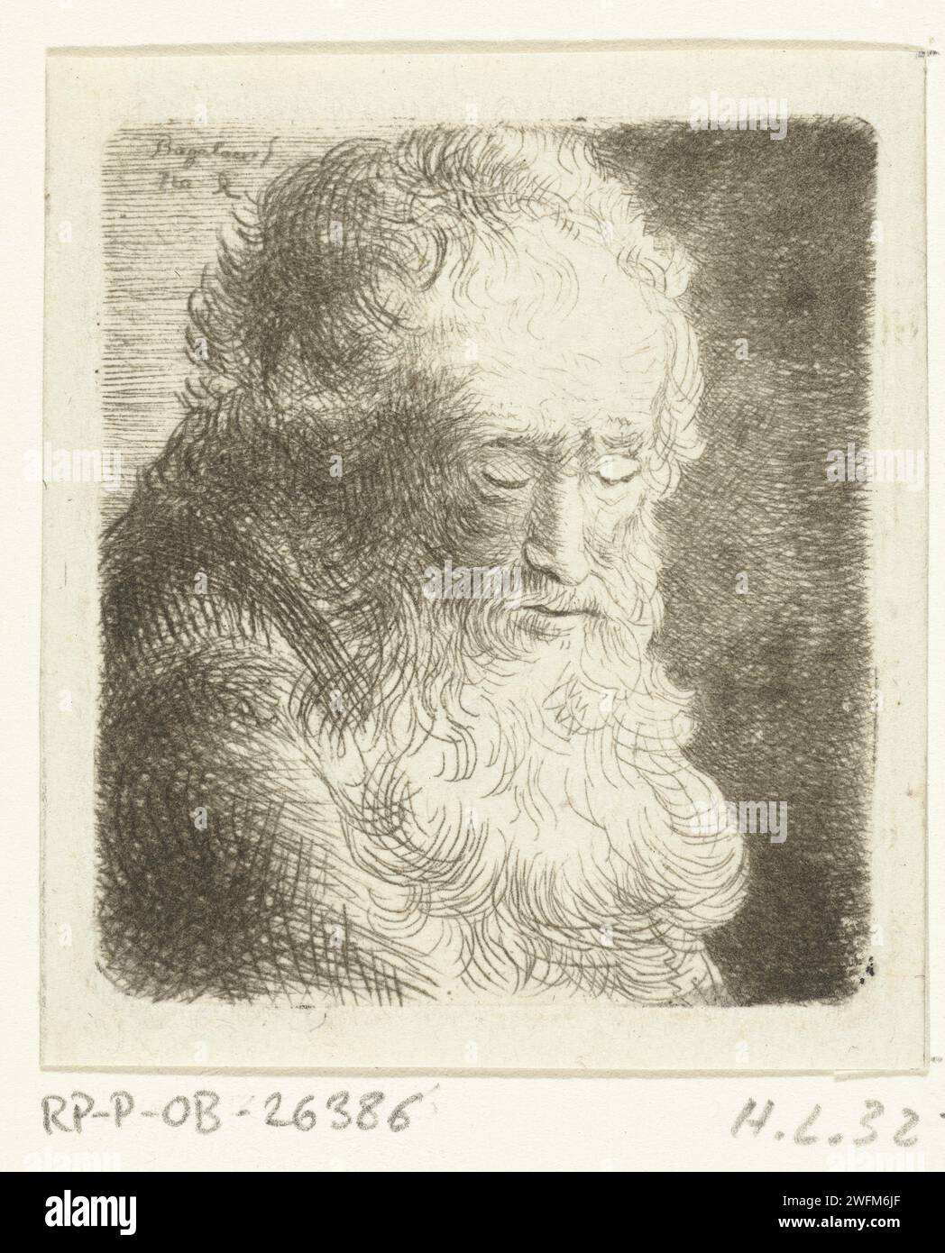 Old man with a beard with the gaze directed down: three -quarters, to ...