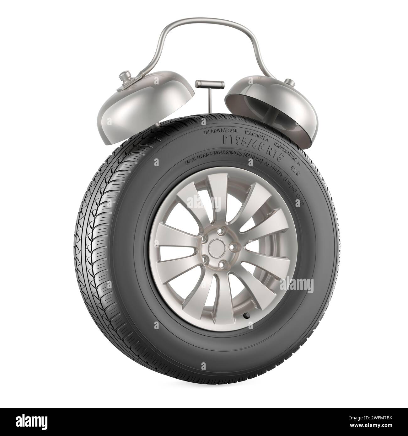 Car wheel as alarm clock, 3D rendering isolated on white background ...