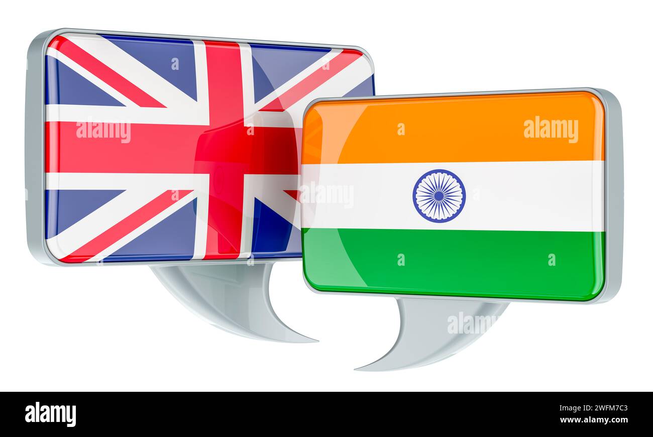 Speech balloons with British and Indian flags. English-Indian ...