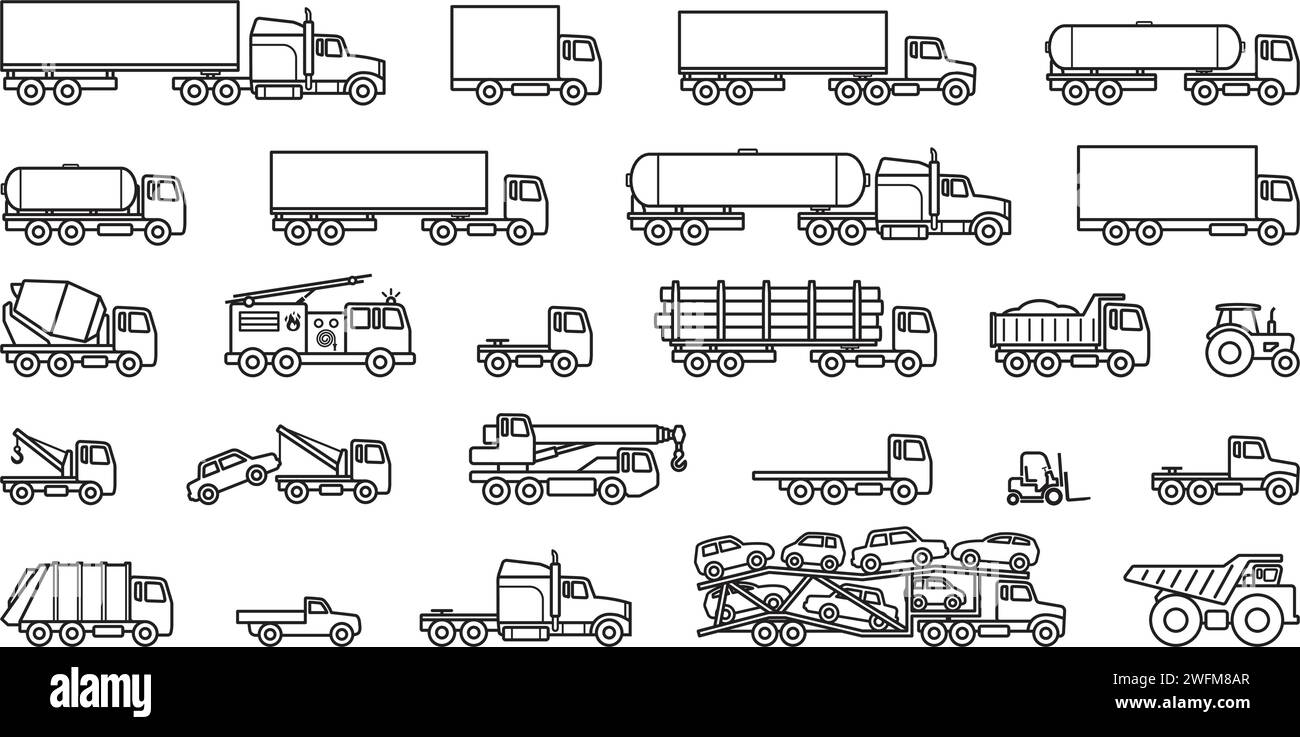 various simple truck outline line silhouette set side view icon symbol ...